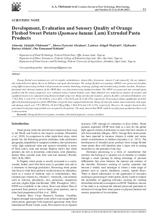 (PDF) Development, Evaluation and Sensory Quality of Orange Fleshed Sweet Potato (Ipomoea ...