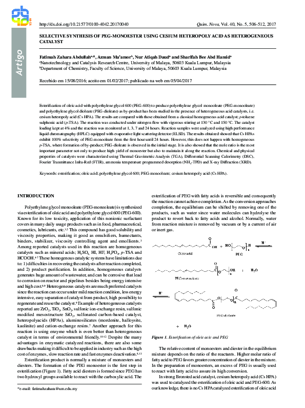 (PDF) Selective synthesis of PEG-monoester using cesium heteropoly acid ...