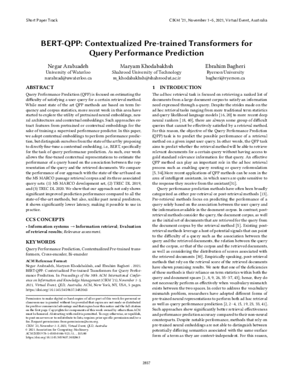 (PDF) BERT-QPP: Contextualized Pre-trained transformers for Query Performance Prediction