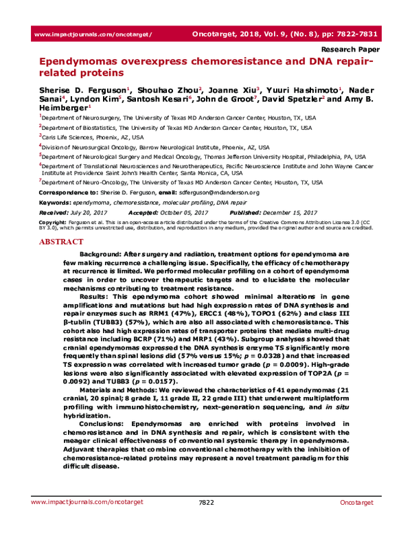 (PDF) Ependymomas overexpress chemoresistance and DNA repair-related proteins