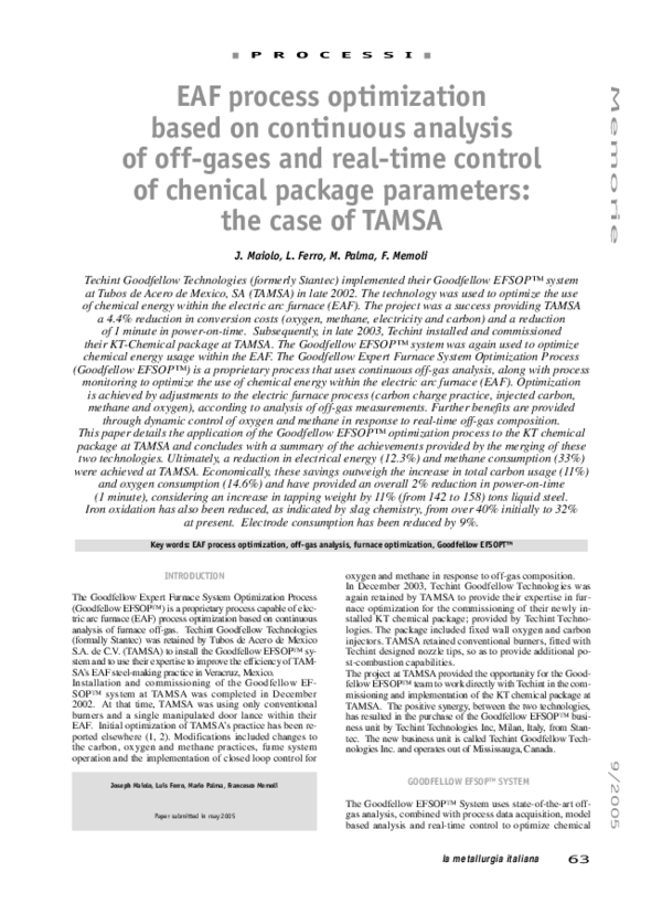 (PDF) EAF process optimization based on continuous analysis of off-gases and real-time control ...