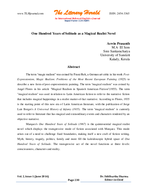(PDF) One Hundred Years of Solitude as a Magical Realist Novel