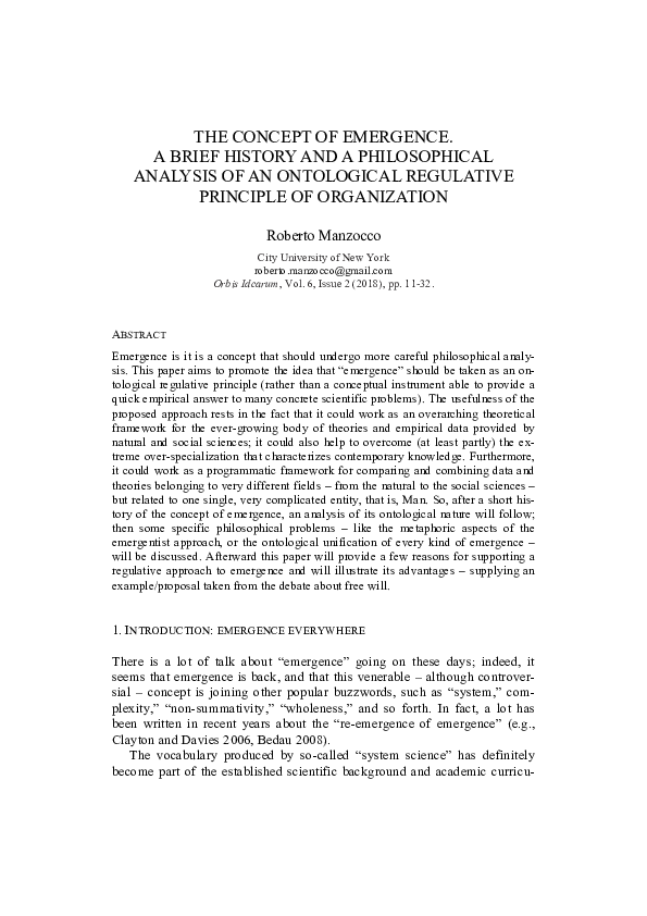 (PDF) The Concept of Emergence. A Brief History and a Philosophical ...