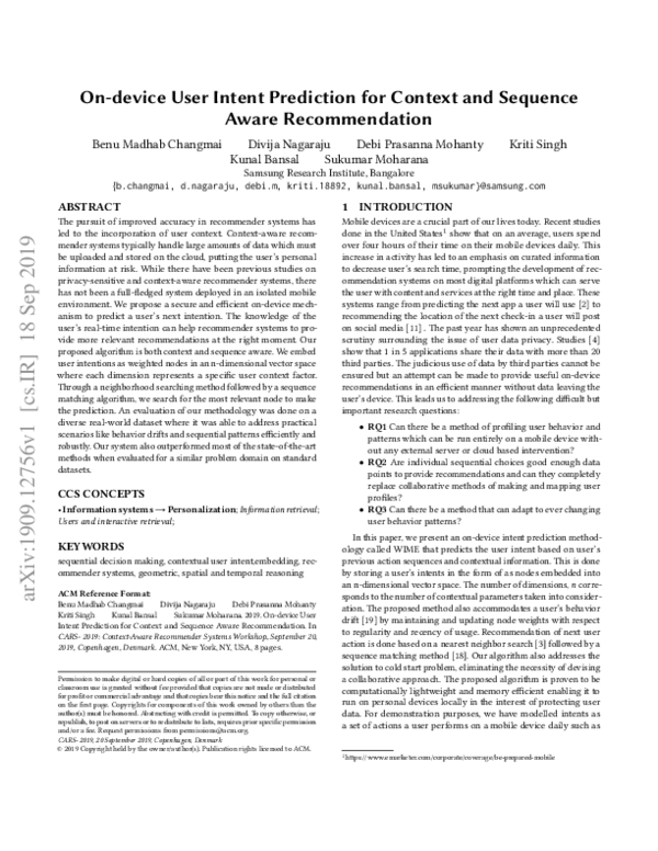 Pdf On Device User Intent Prediction For Context And Sequence Aware Recommendation