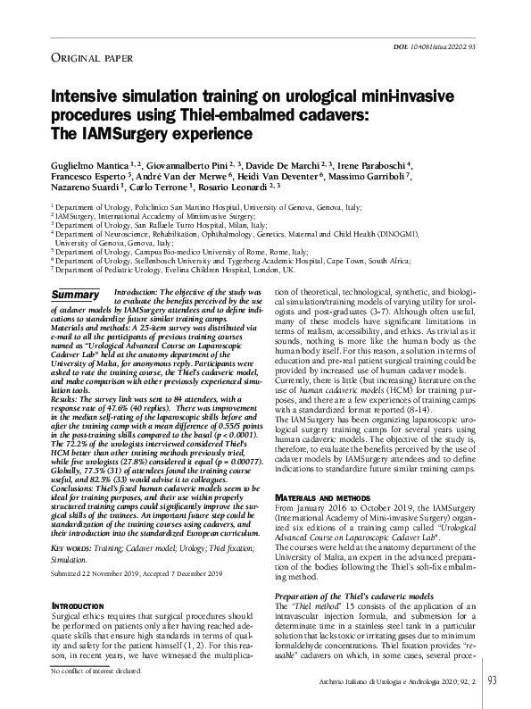 Pdf Intensive Simulation Training On Urological Mini Invasive Procedures Using Thiel Embalmed