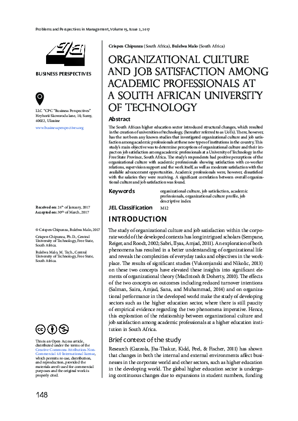 (PDF) Organizational culture and job satisfaction among academic ...