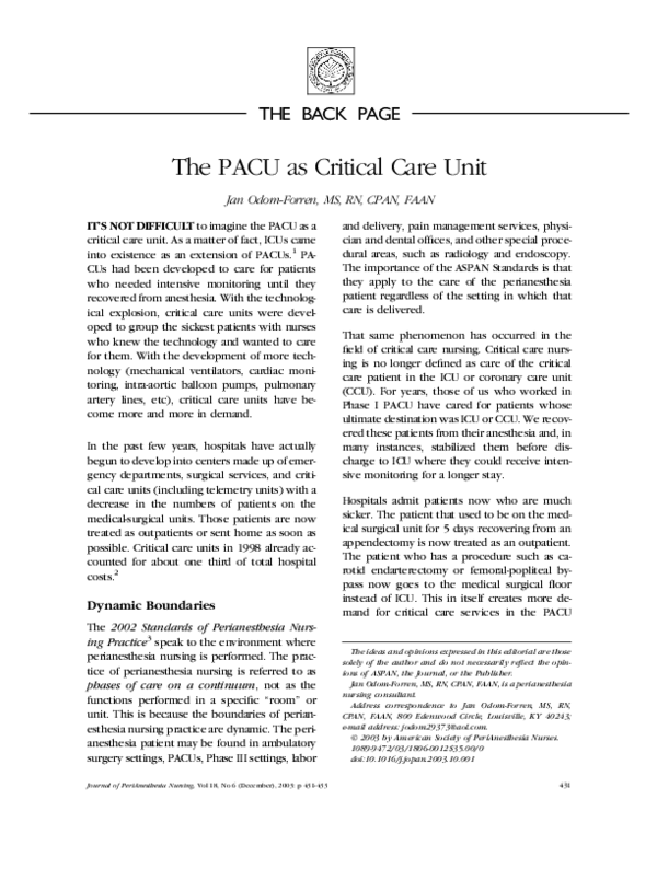 (PDF) The PACU as critical care unit