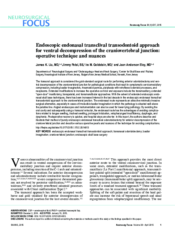 (PDF) Endoscopic endonasal transclival transodontoid approach for ...