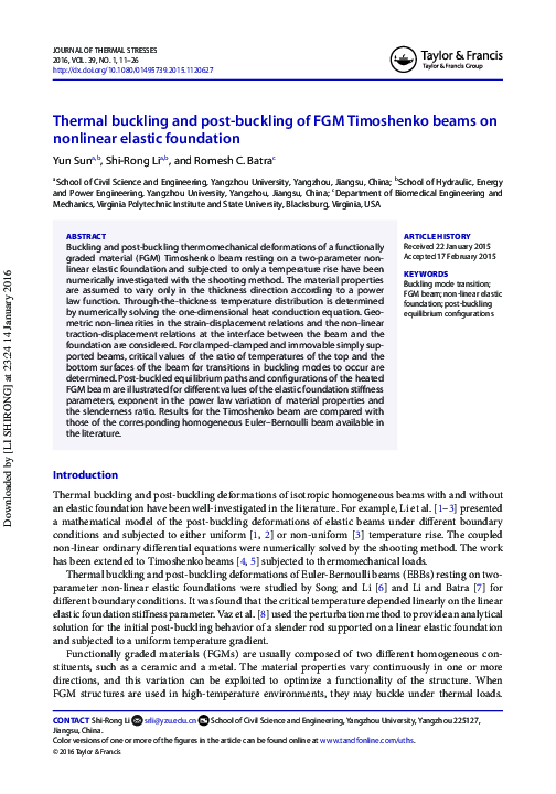 (PDF) Thermal buckling and post-buckling of FGM Timoshenko beams on nonlinear elastic foundation