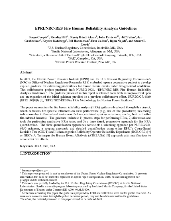 (PDF) EPRI/NRC-RES Fire Human Reliability Analysis Guidelines