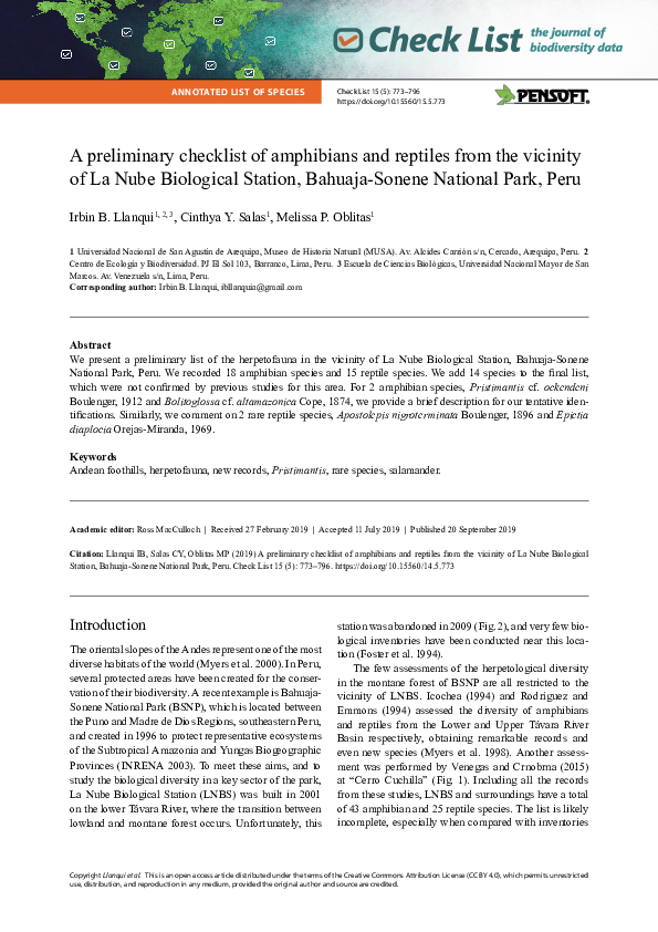 (PDF) A preliminary checklist of amphibians and reptiles from the ...