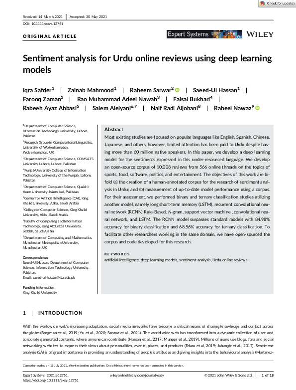 Pdf Sentiment Analysis For Urdu Online Reviews Using Deep Learning Models