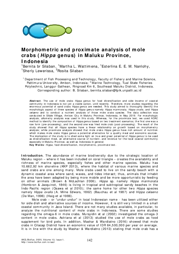 (PDF) Morphometric and proximate analysis of mole crabs (Hippa genus ...