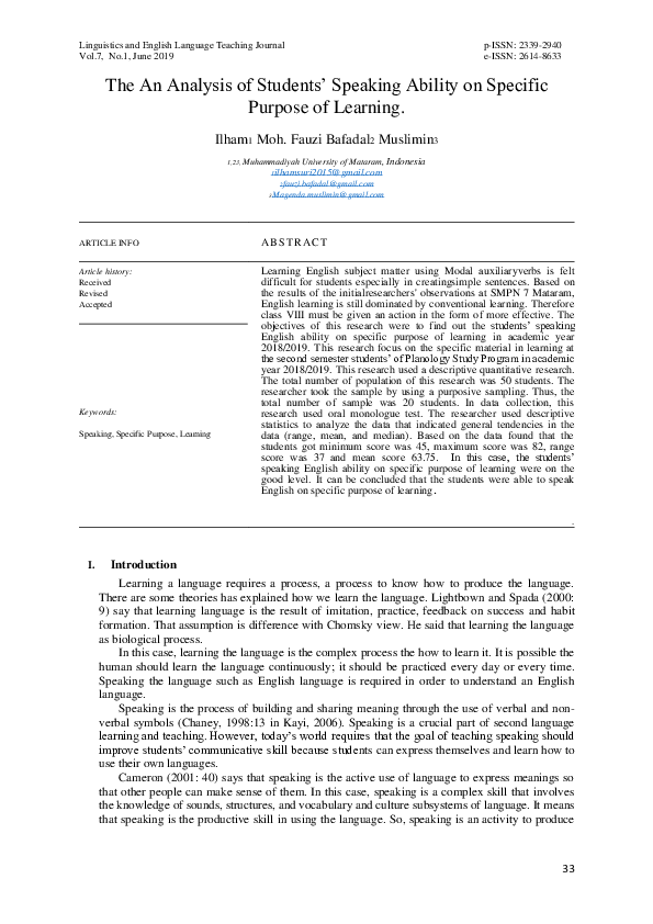 (PDF) An Analysis of Students’ Speaking Ability on Specific Purpose of ...