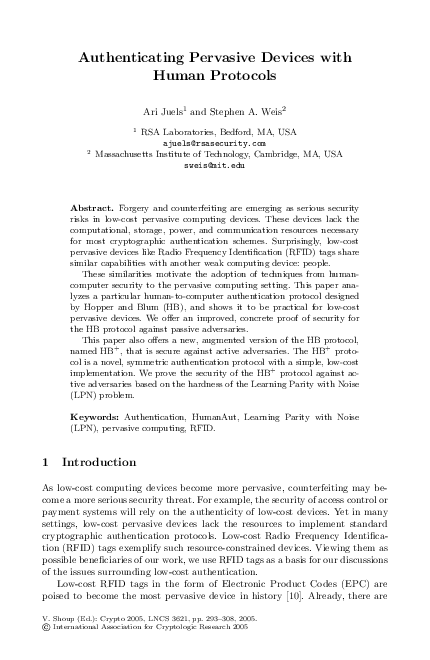 (PDF) Authenticating Pervasive Devices with Human Protocols