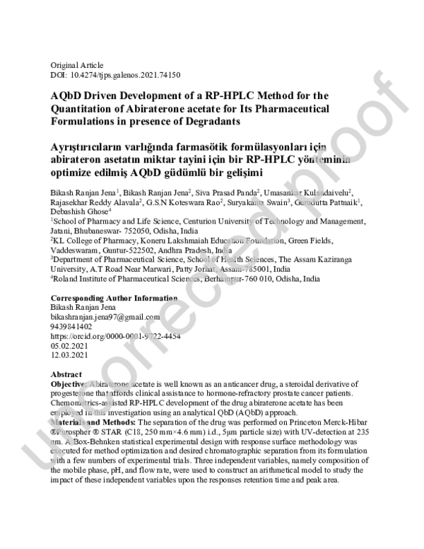 AQbD Driven Development of a RP-HPLC Method for the Quantitation of ...
