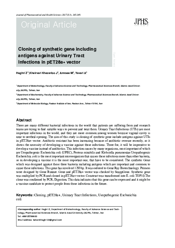 (PDF) Cloning of synthetic gene including antigens against Urinary ...