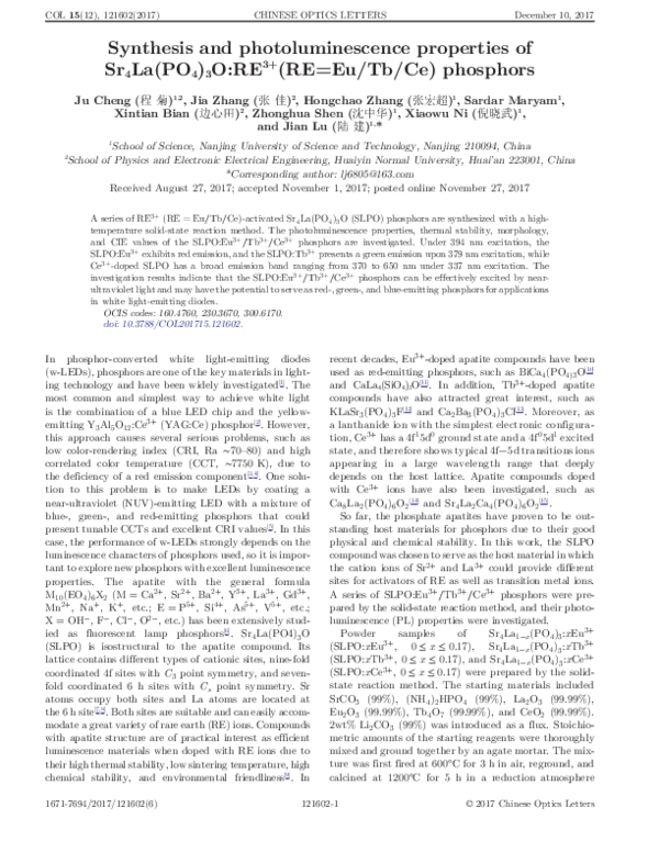 (PDF) Synthesis and Photoluminescence Properties of the High-Brightness ...