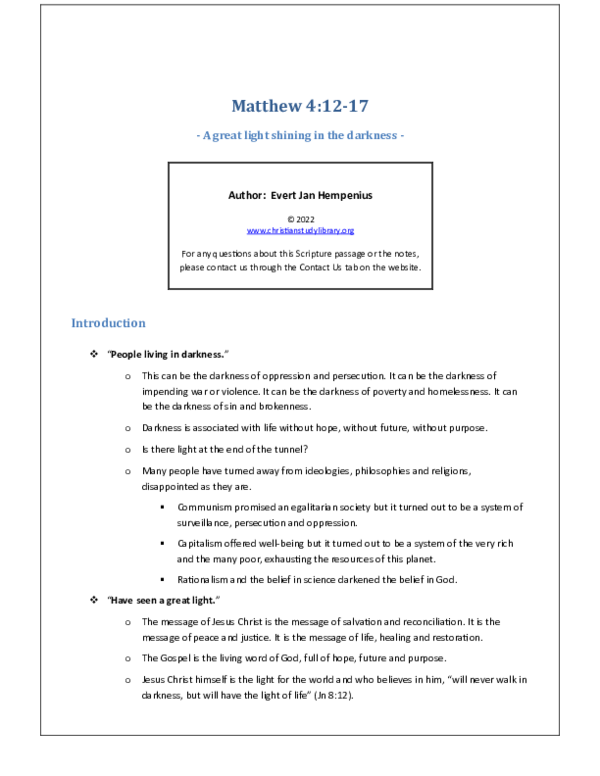 (PDF) Exegetical Study Matthew 4 12 17 Light and Darkness