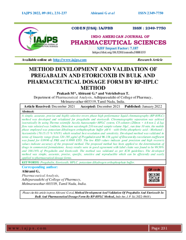 (PDF) METHOD DEVELOPMENT AND VALIDATION OF PREGABALIN AND ETORICOXIB IN ...
