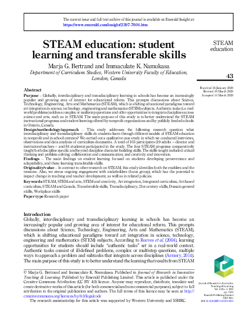 (PDF) STEAM education: student learning and transferable skills
