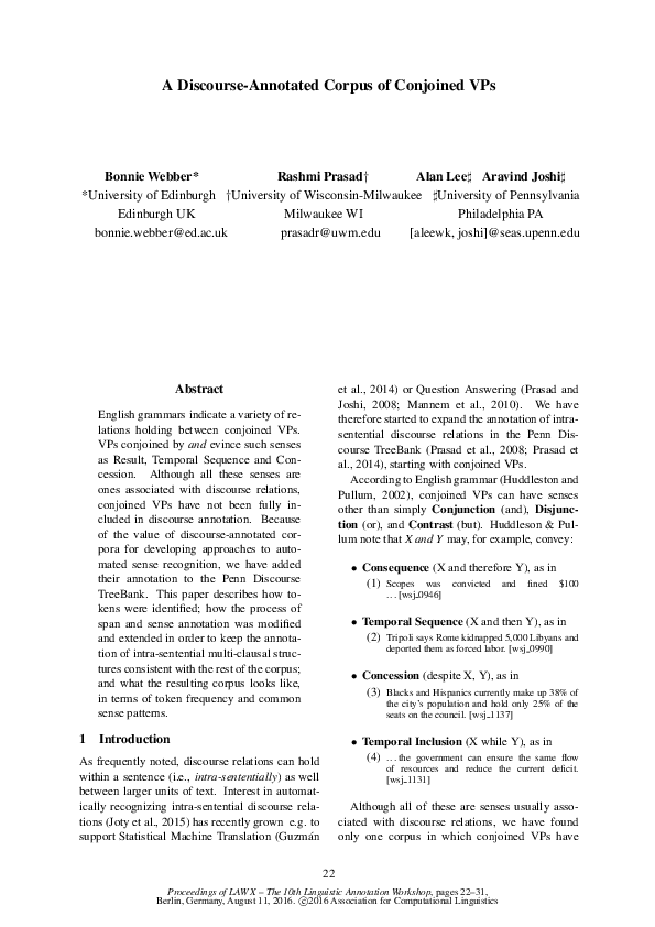 Pdf A Discourse Annotated Corpus Of Conjoined Vps