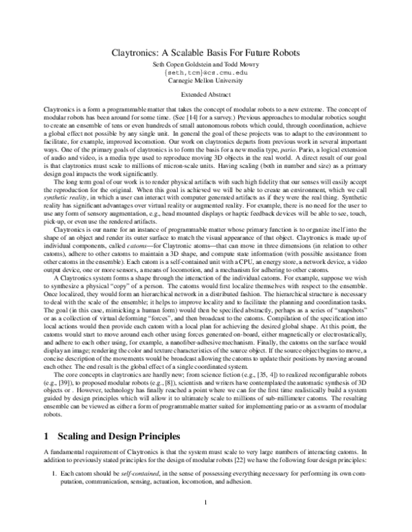 (PDF) Claytronics: A scalable basis for future robots