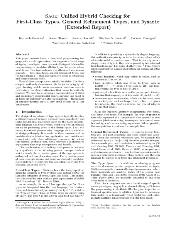 (PDF) Sage: Unified Hybrid Checking for First-Class Types, General Refinement Types, and Dynamic ...