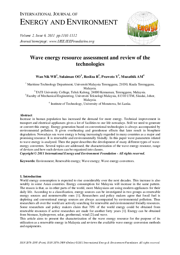 (PDF) Wave energy resource assessment and review of the technologies