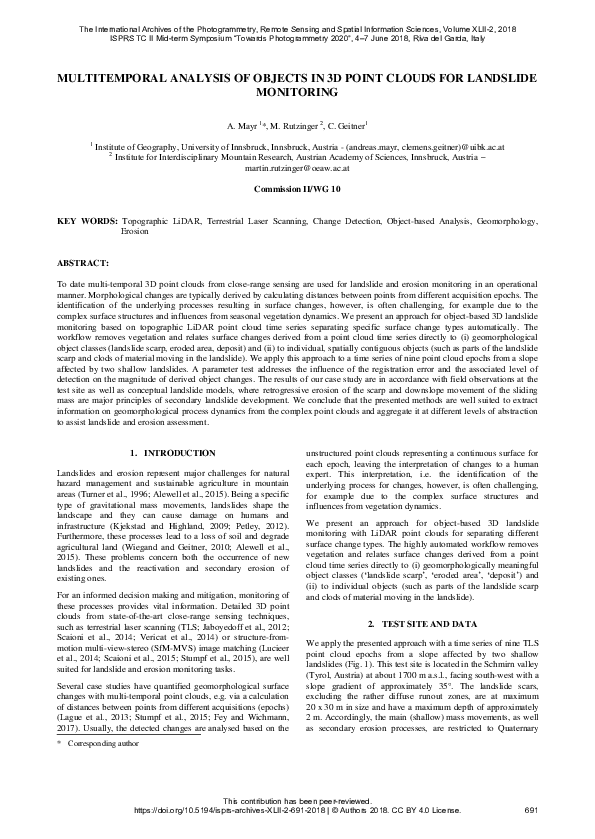 (PDF) Multitemporal Analysis of Objects in 3D Point Clouds for Landslide Monitoring