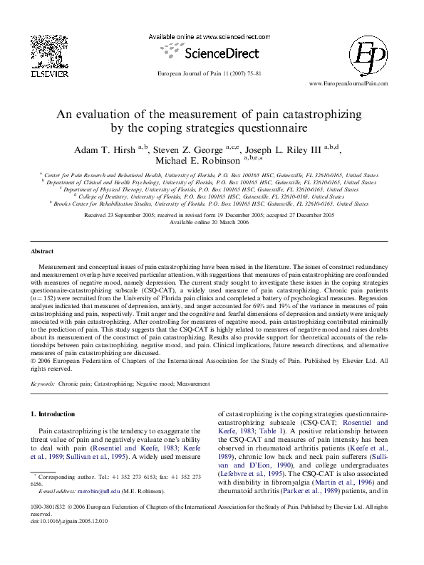 (PDF) An evaluation of the measurement of pain catastrophizing by the ...
