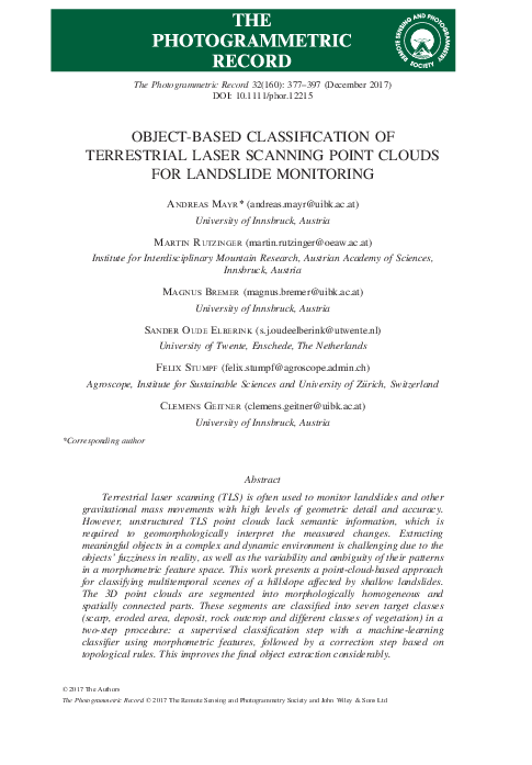 (PDF) Object-based classification of terrestrial laser scanning point clouds for landslide ...