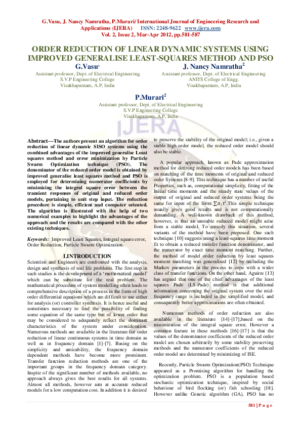 (PDF) Order Reduction of Linear Dynamic Systems Using Improved Generalise Least-Squares Method ...