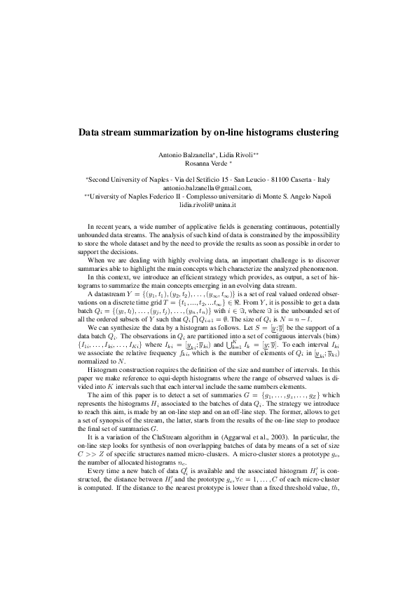 (PDF) Data Stream Summarization by On-Line Histograms Clustering