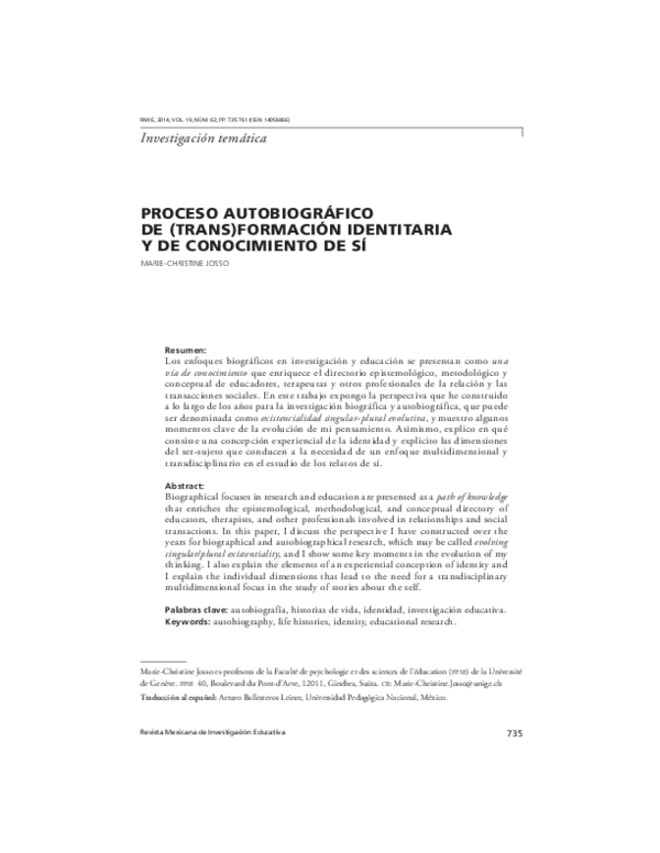 (PDF) Proceso autobiográfico de (trans)formación identitaria y de conocimiento de sí