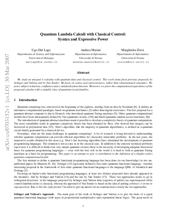 (PDF) Quantum Lambda Calculi with Classical Control: Syntax and Expressive Power | Andrea Masini ...
