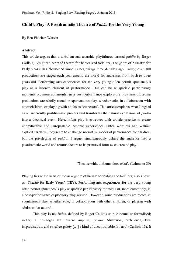 (PDF) Child's Play: A Postdramatic Theatre of Paidia for the Very Young