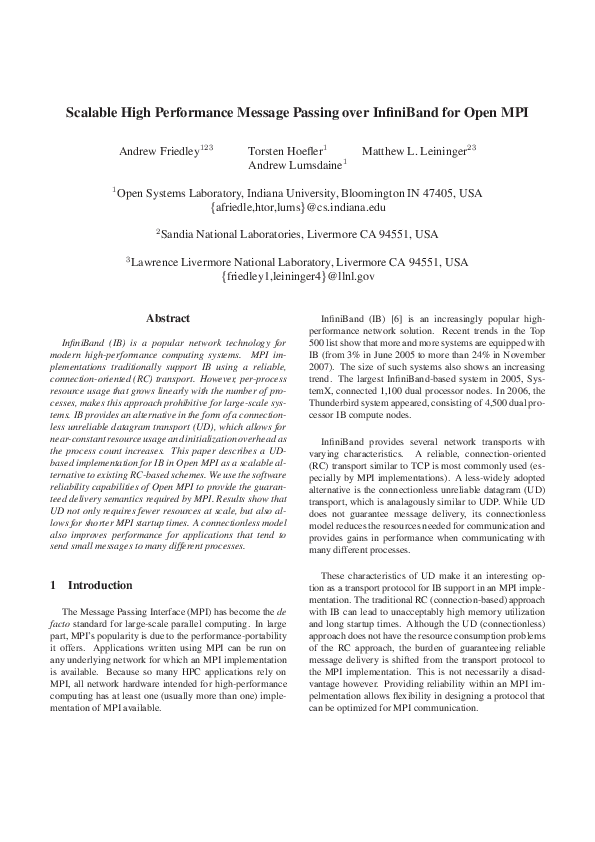 (PDF) Scalable High Performance Message Passing over InfiniBand for ... (PDF) Scalable High Performance Message Passing over InfiniBand for ...