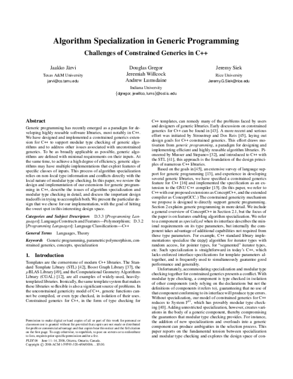 Pdf Algorithm Specialization In Generic Programming Challenges Of Constrained Generics In C