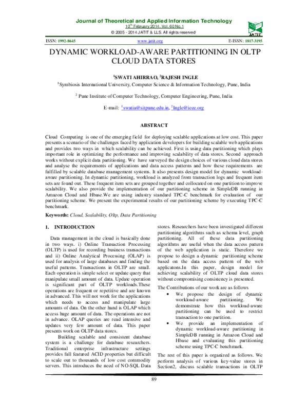 (PDF) Dynamic Workload-Aware Partitioning in Oltp Cloud Data Stores