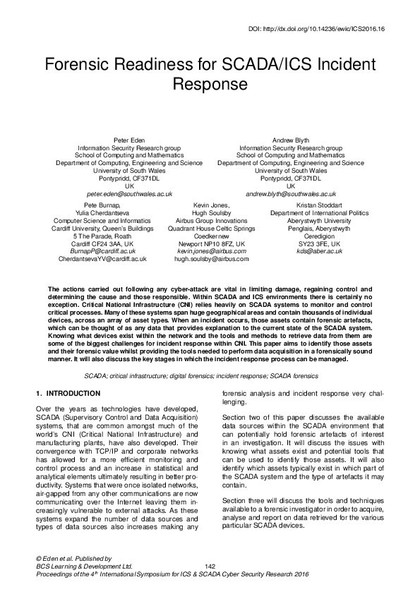 (PDF) Forensic Readiness for SCADA/ICS Incident Response