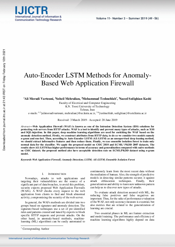 (PDF) Auto-Encoder LSTM Methods for Anomaly- Based Web Application Firewall