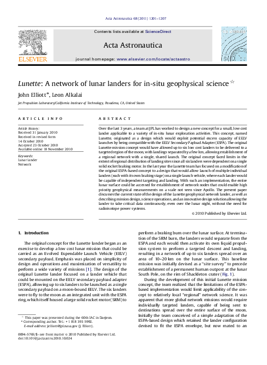 (PDF) Lunette: A network of lunar landers for in-situ geophysical science
