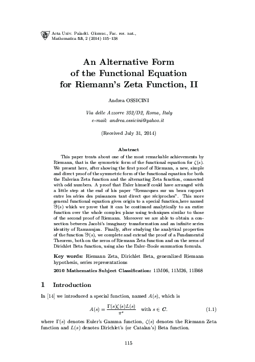 (PDF) An Alternative Form of the Functional Equation for Riemann's Zeta ...