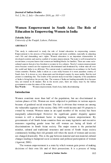 (PDF) Women Empowerment in South Asia : The Role of Education in ...