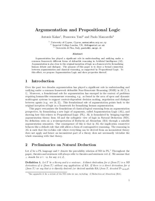 (PDF) Argumentation and Propositional Logic