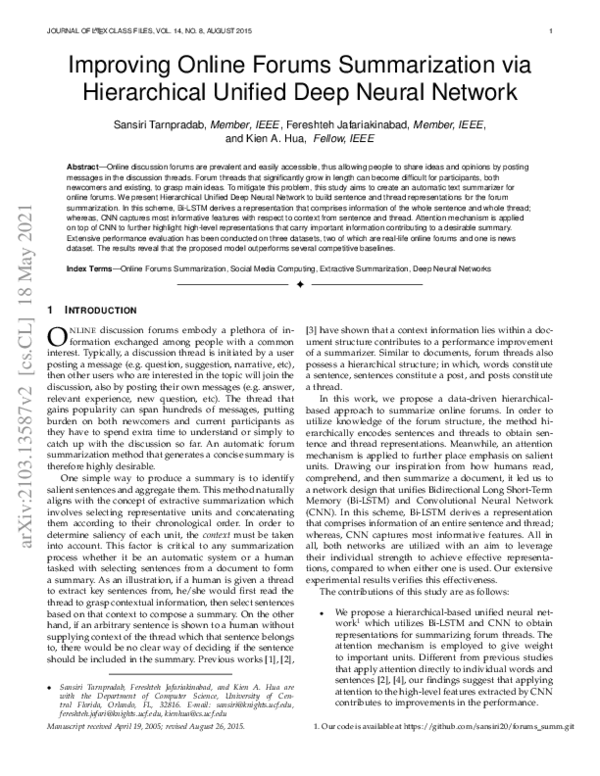 (PDF) Improving Online Forums Summarization via Hierarchical Unified ...