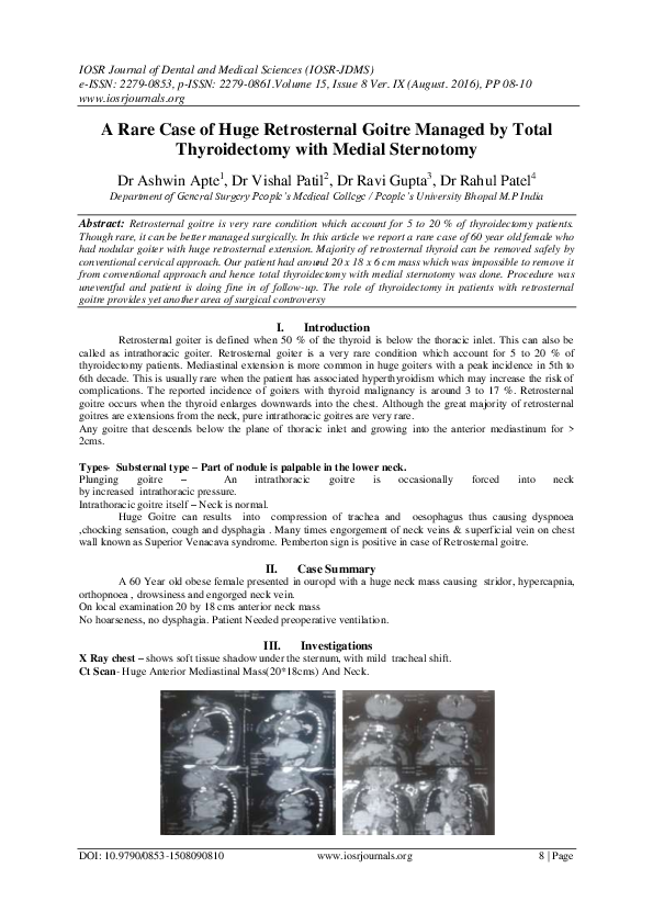 (PDF) A Rare Case of Huge Retrosternal Goitre Managed by Total ...