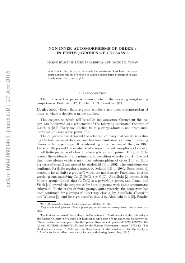 Pdf Non Inner Automorphisms Of Order P In Finite P Groups Of Coclass 3