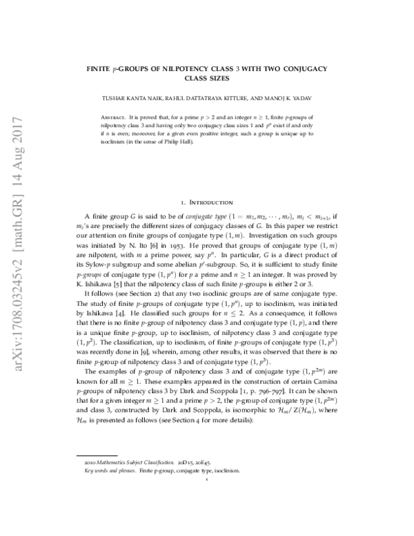 Pdf Finite P Groups Of Nilpotency Class 3 With Two Conjugacy Class Sizes